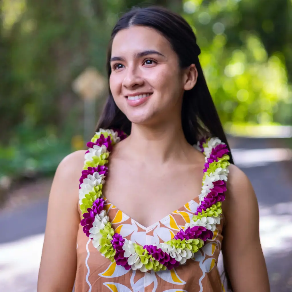 Green Purple White Fancy Robin Lei | Handcrafted Orchid